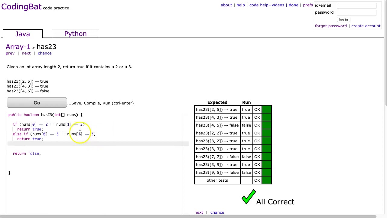 Codingbat - has23 (Java)
