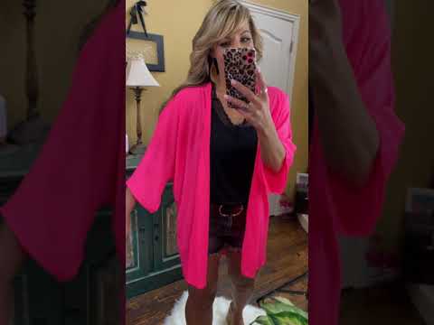 We're Good Three Quarter Sleeve Solid Kimono Cardigan with No pockets, Neon Pink