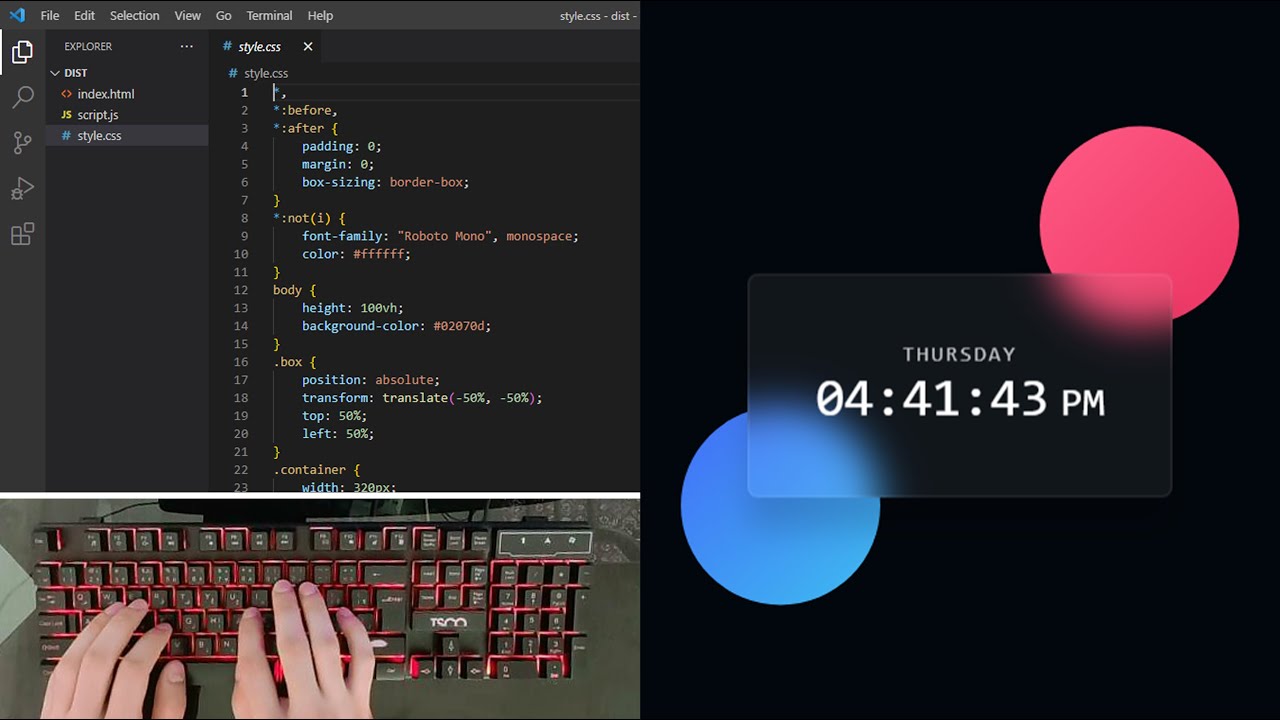 ASMR Programming - Glassmorphism Clock using Html CSS and Javascript - No Talking