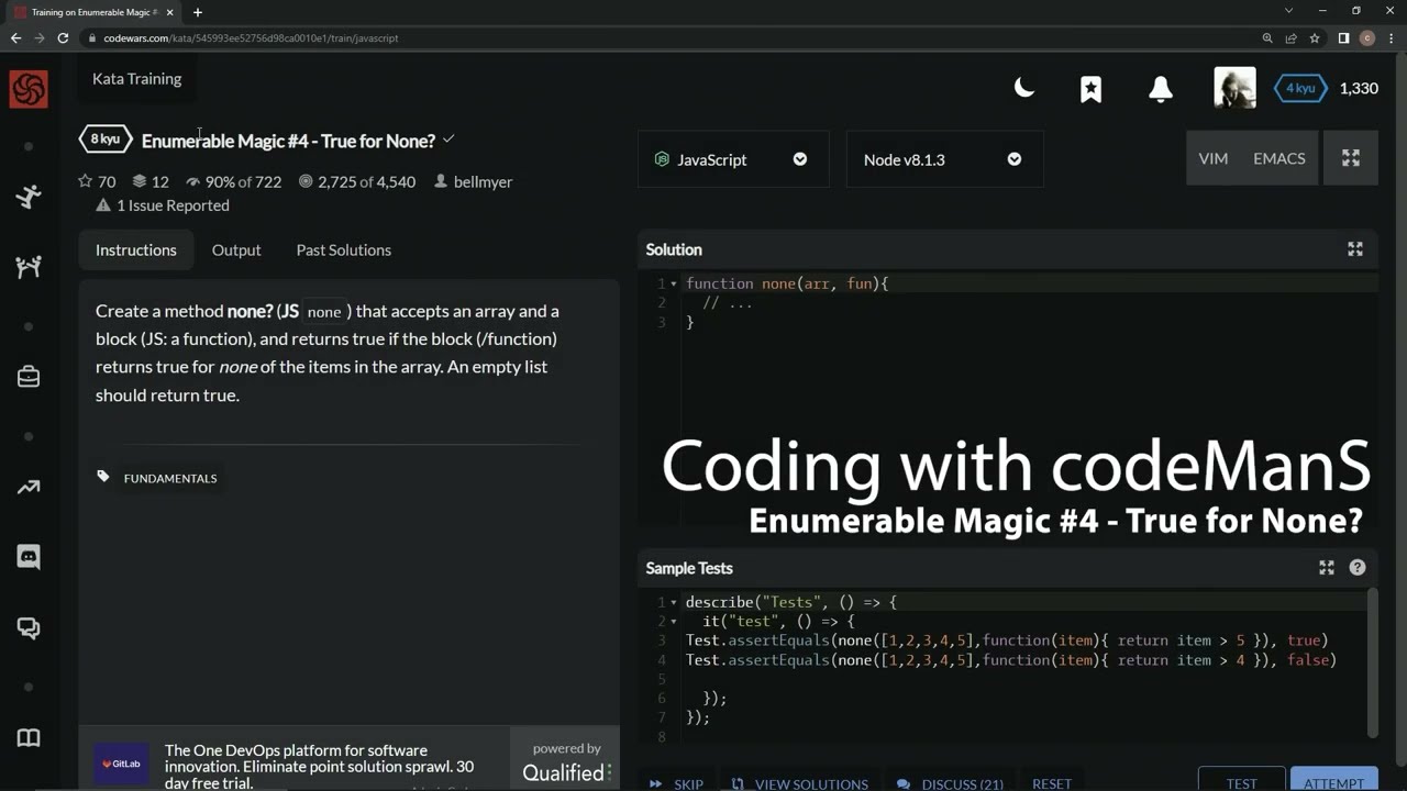 Codewars 8 kyu Enumerable Magic #4 - True for None? Javascript