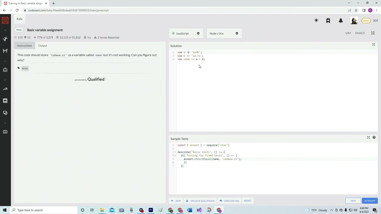 (Archived) Codewars 8 kyu Basic Variable Assignment JavaScript