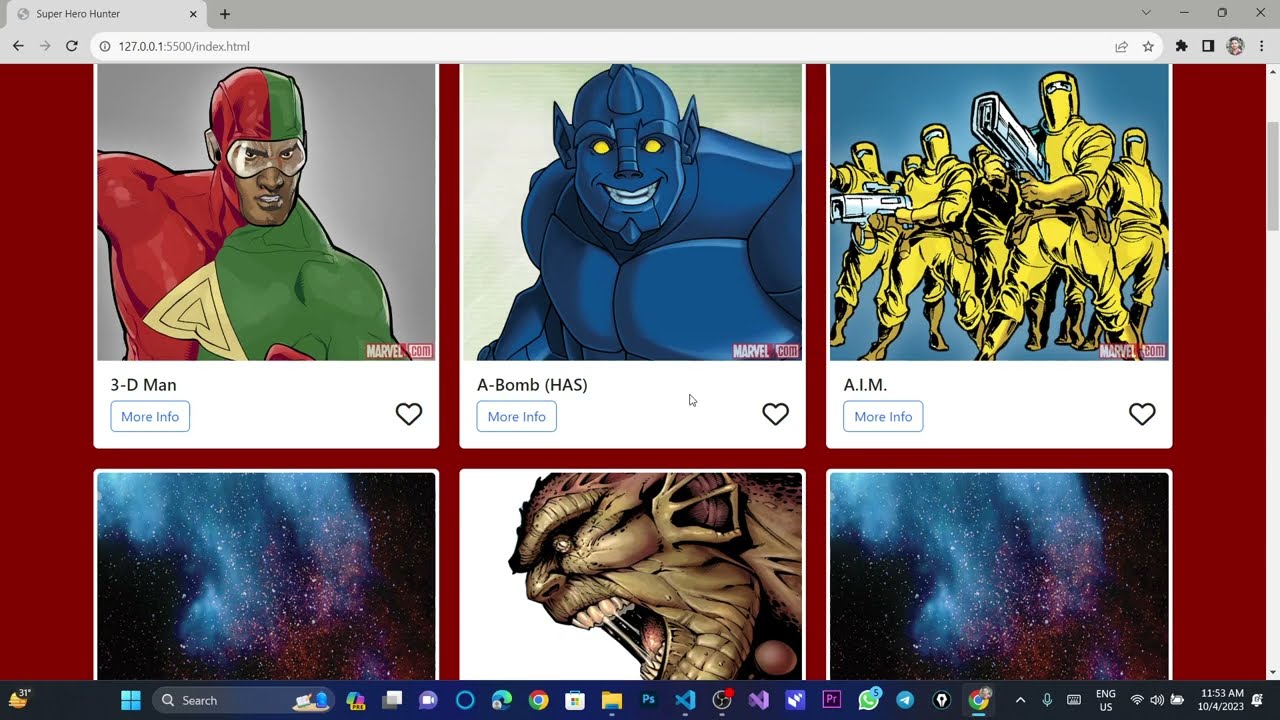 Super Hero Hunter Project With Marvel API Using HTML, CSS , VANILLA JAVASCRIPT AND BOOTSTRAP