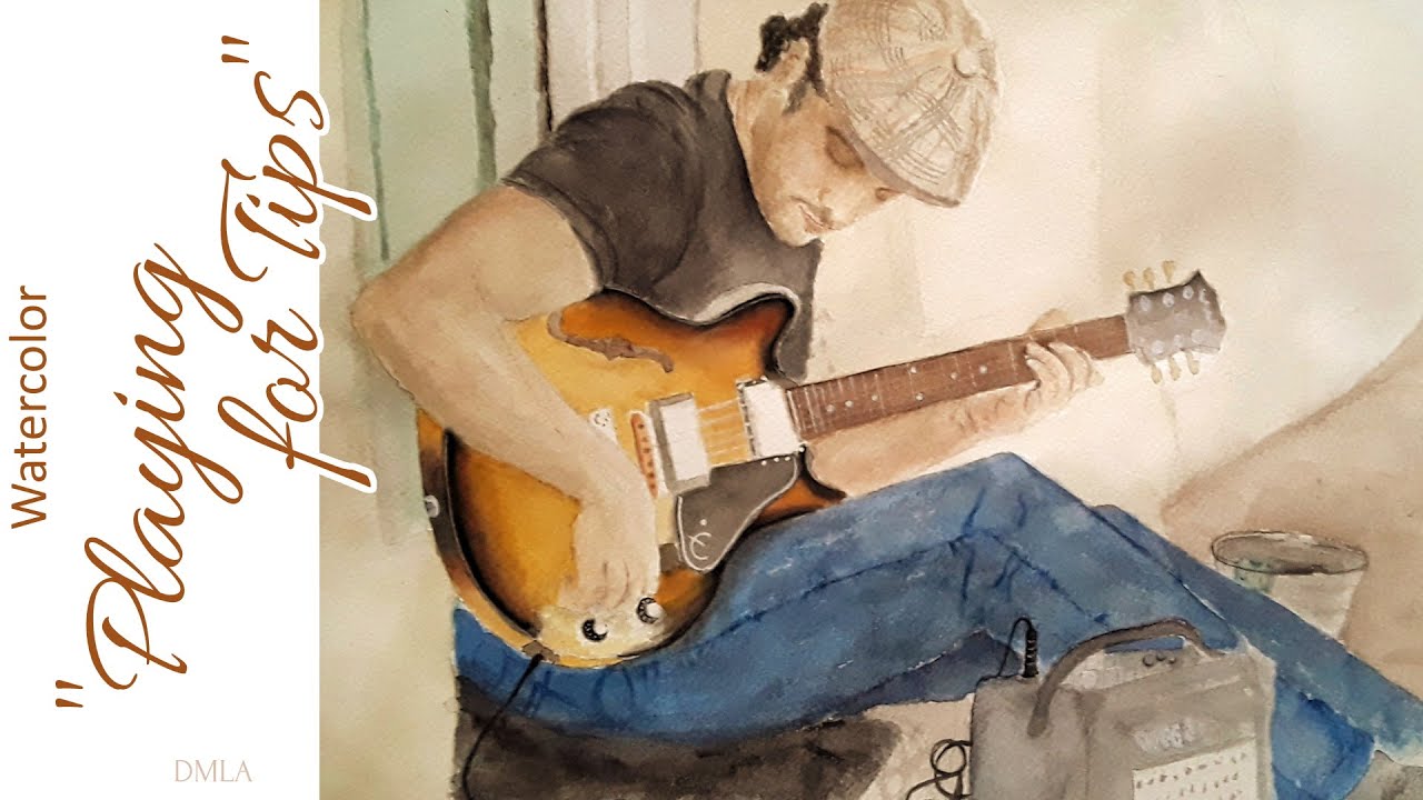 Watercolor - Playing for Tips - Electric Guitar Man - Easy Guide w Reference Pic
