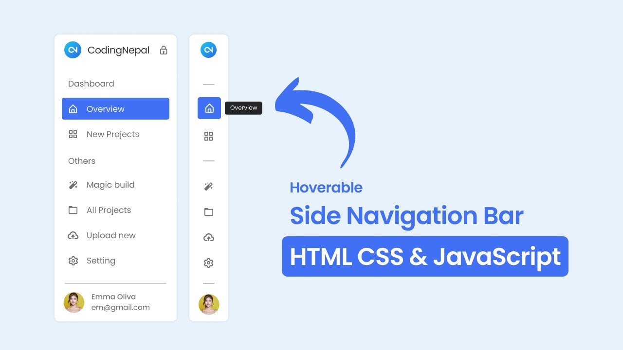 Create Hoverable Sidebar Menu in HTML CSS and JavaScript