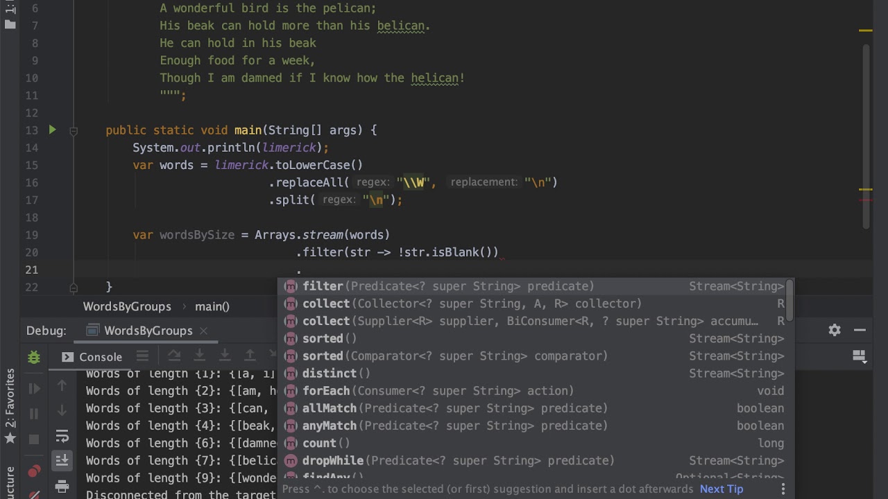 Processing strings using Java Streams API in IntelliJ IDEA (uses Java 13 features)