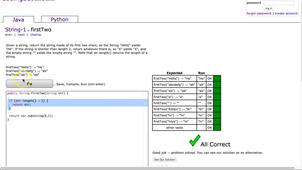 Codingbat - firstTwo (Java)