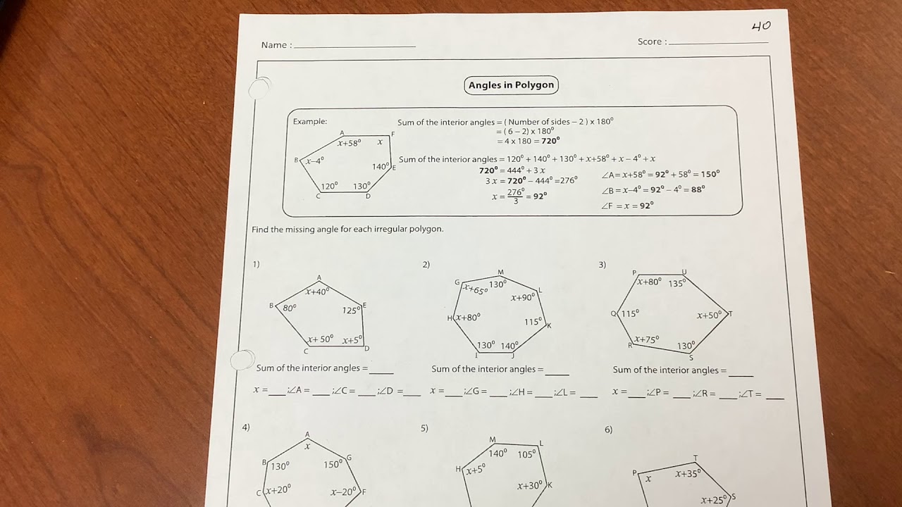 Angles in Polygon Worksheet