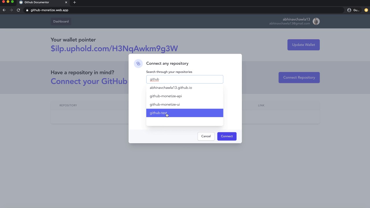 Web-monetize GitHub Documentation: Add wallet, connect repository (2/4)