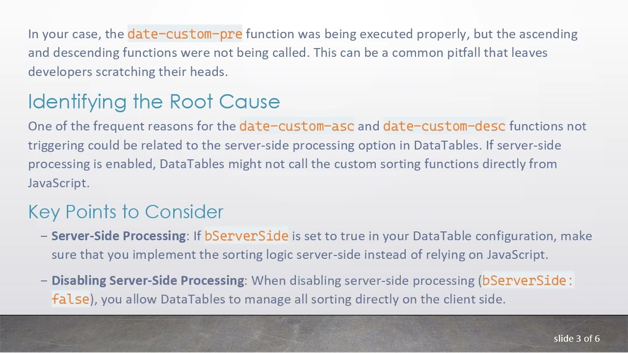 Troubleshooting Custom Datatable Sorting Issues