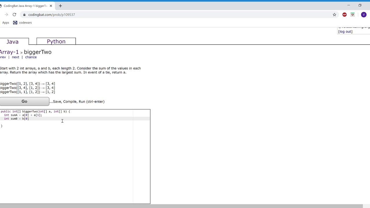 Array-1(biggerTwo) Java Tutorial || codingbat.com