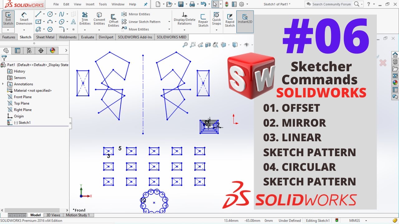 OFFSET, MIRROR, LINEAR SKETCH PATTERN, CIRCULAR SKETCH PATTERN | HINDI TUTORIAL |SOLIDWORKS CLASS 06
