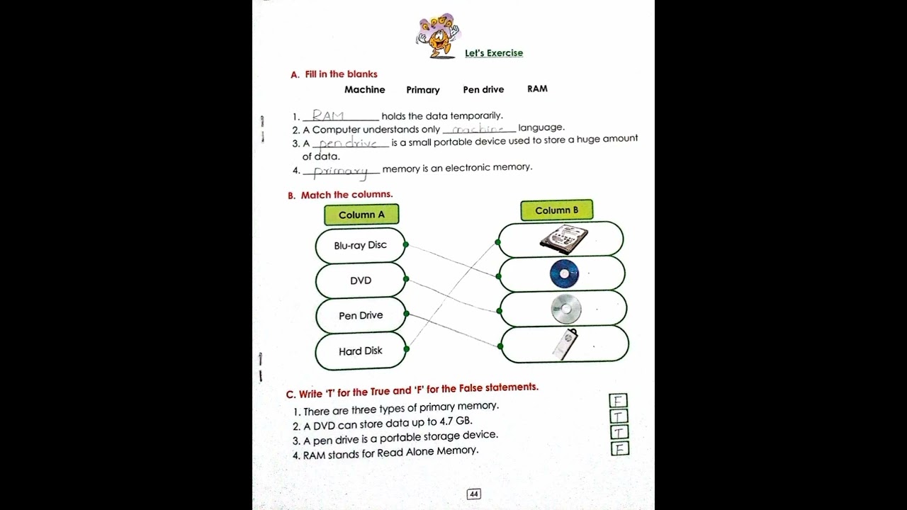 Amazing Computer Grade IV UNIT:5 Computer Memory Exercise Page:44.