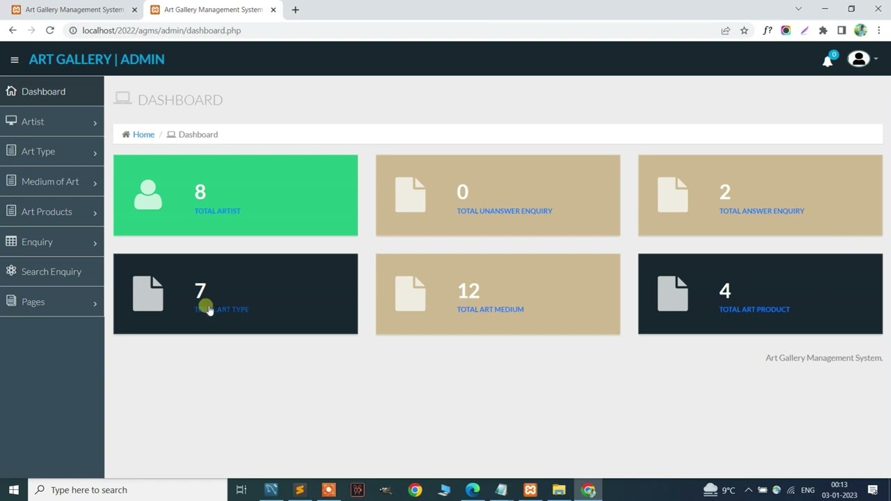 Art Gallery Management System using PHP and MySQL last updated 24 Jan 2024 | PHPGurukul
