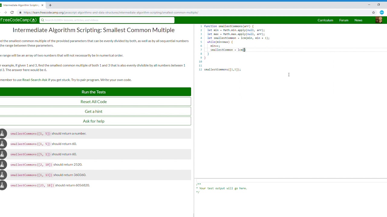 Intermediate Algorithm Scripting  Smallest Common Multiple   Learn freeCodeCamp14/21