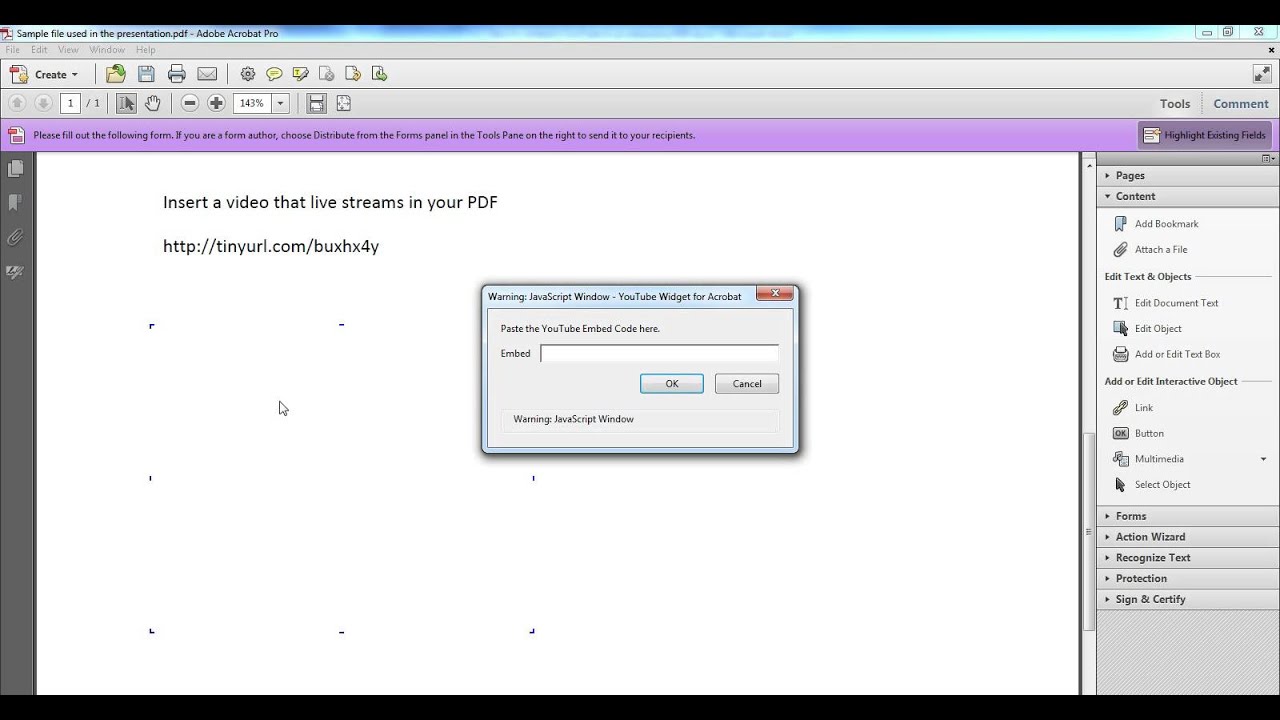 Livestream a YouTube video in an interactive PDF