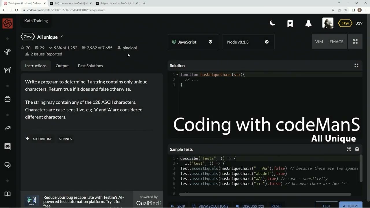 Codewars 7 kyu All Unique JavaScript