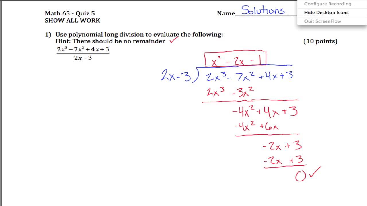 Polynomial Long Division and Exponents quiz