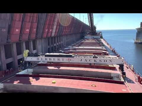 Aboard the Herbert C Jackson - Hatch Crane completing removing the Hatch Covers in Marquette, MI
