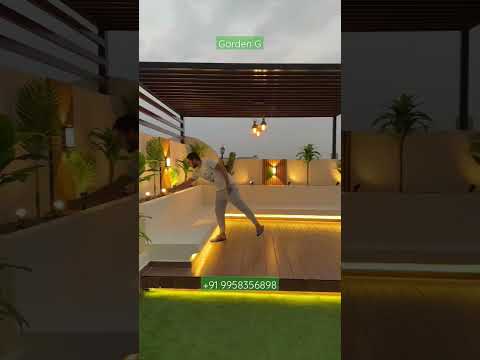 Terrace Garden Design with Pergola Wooden flooring Artificial green wall artificial grass
