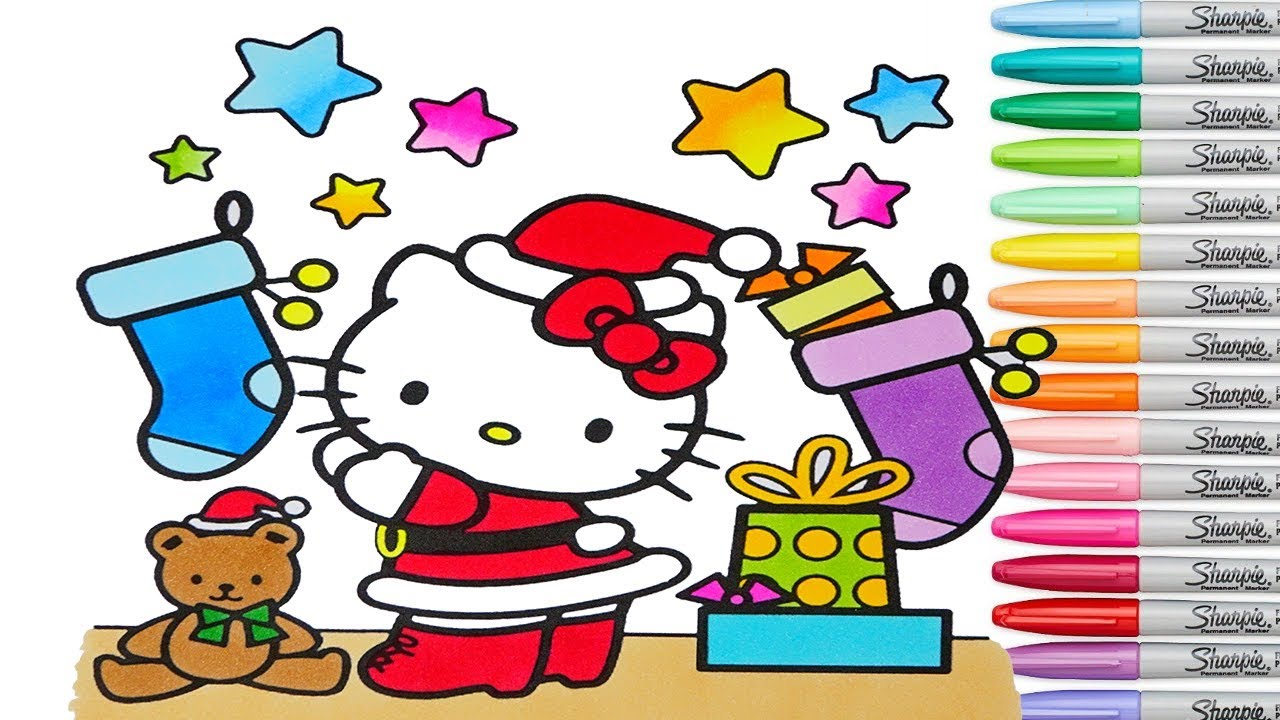 Christmas Hello Kitty Coloring Pages Holiday Colouring Markers Colored Paint Sanrio Rainbow Splash