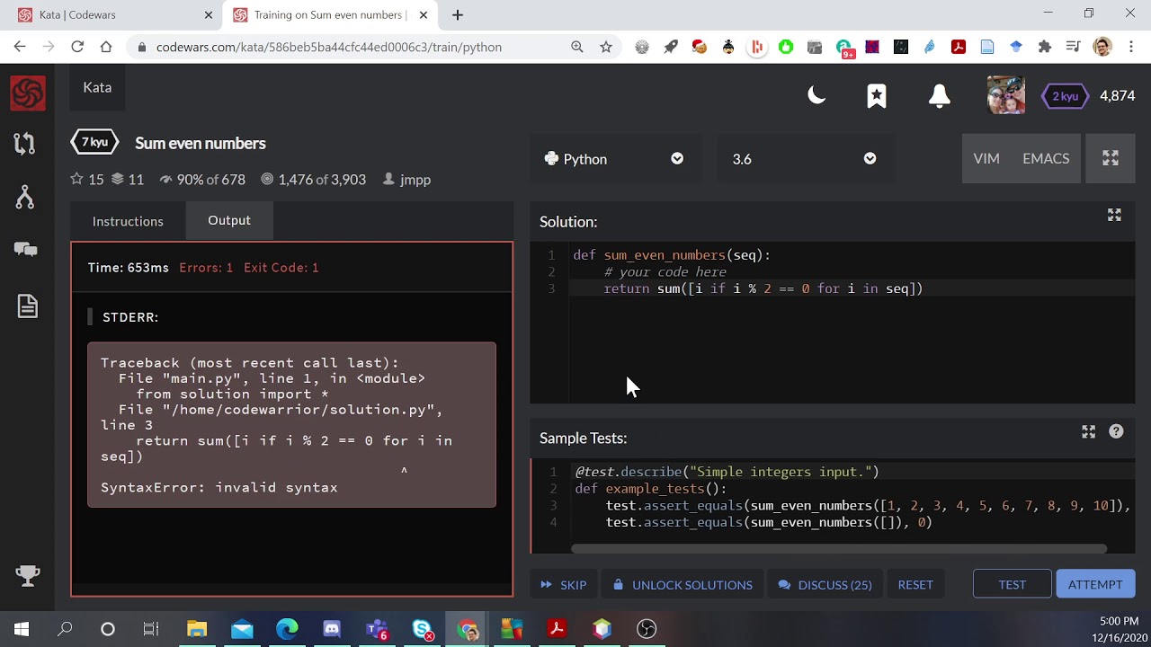 Codewars: Sum even numbers Python