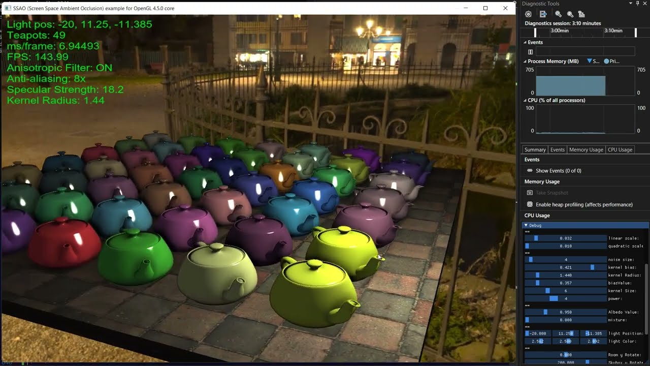 Screen Space Ambient Occlusion (SSAO) example using OpenGL 4.5.0 core C++ Visual Studio 2022