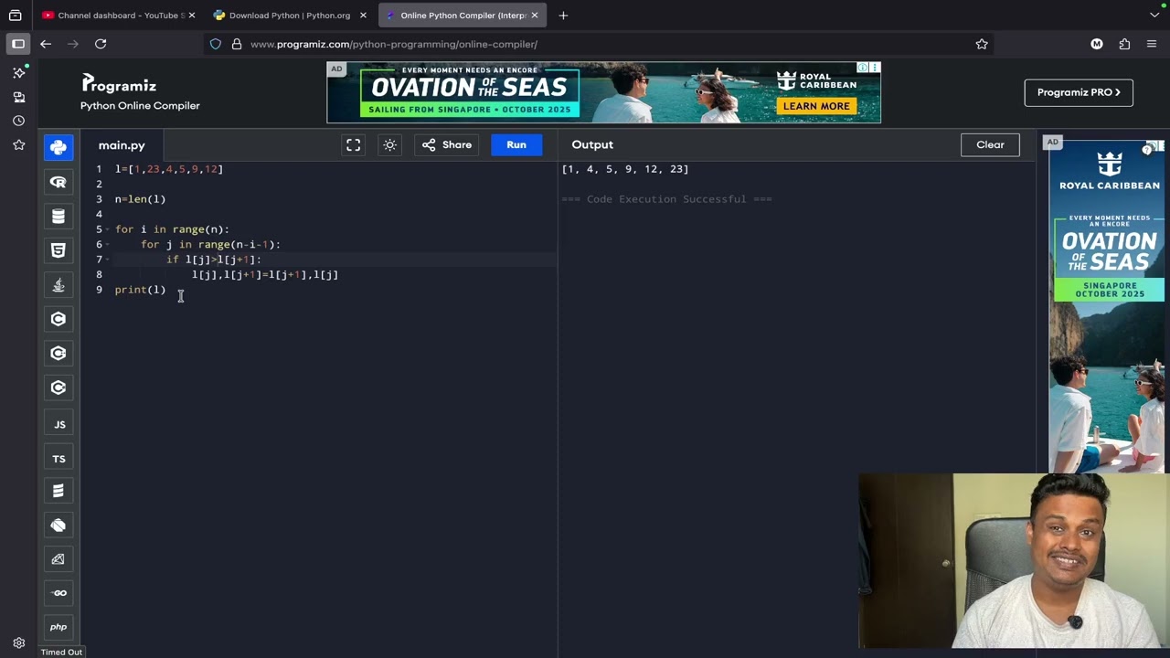 python coding interview questions sort  without using any prebuilt function sor using bubble  merge