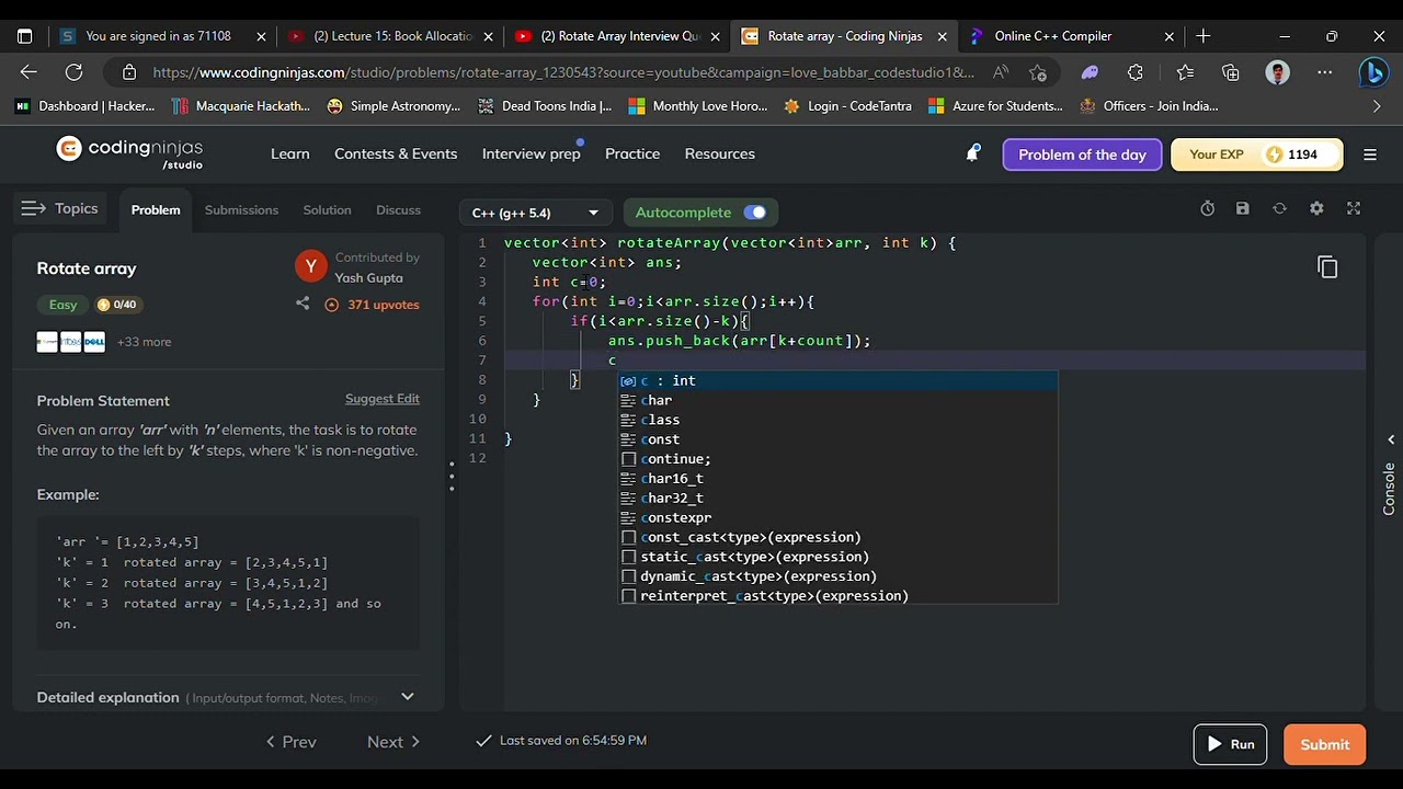 SOLVING || CODING NINJA || Rotate array
