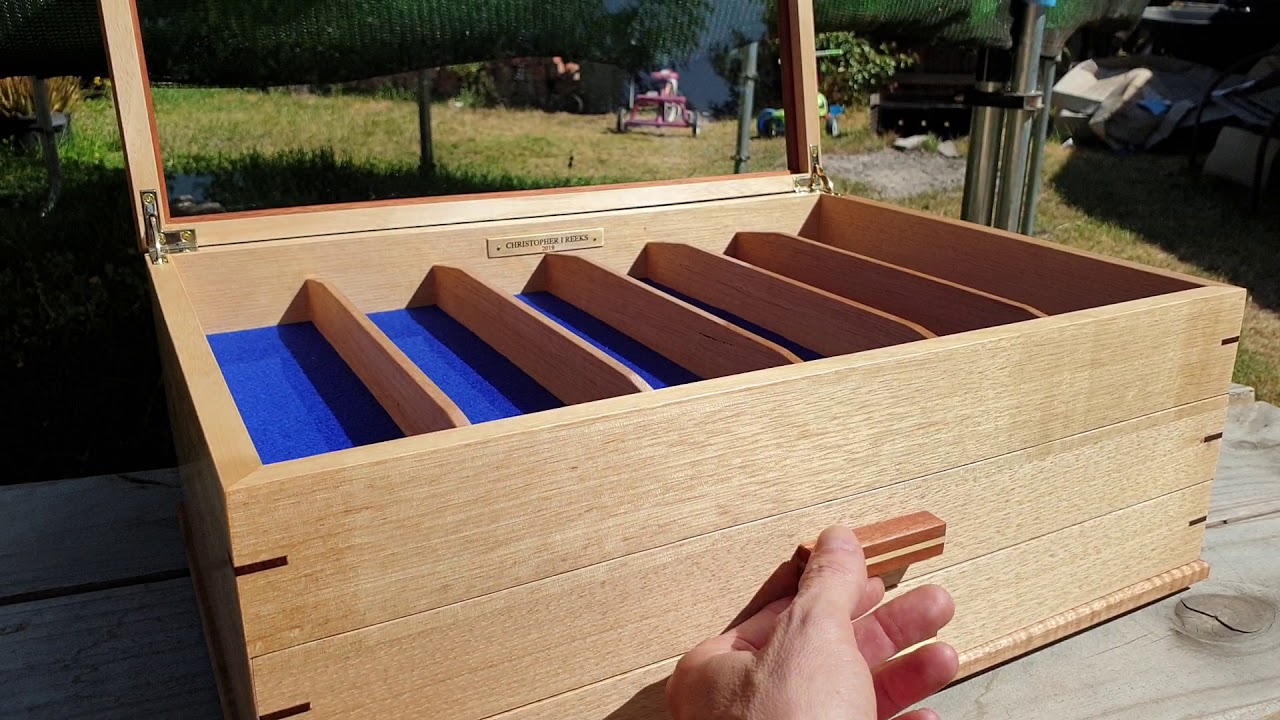 A Knife Box I made from Victorian Ash with 2 drawers, royal blue felt lining, fiddleback trim.