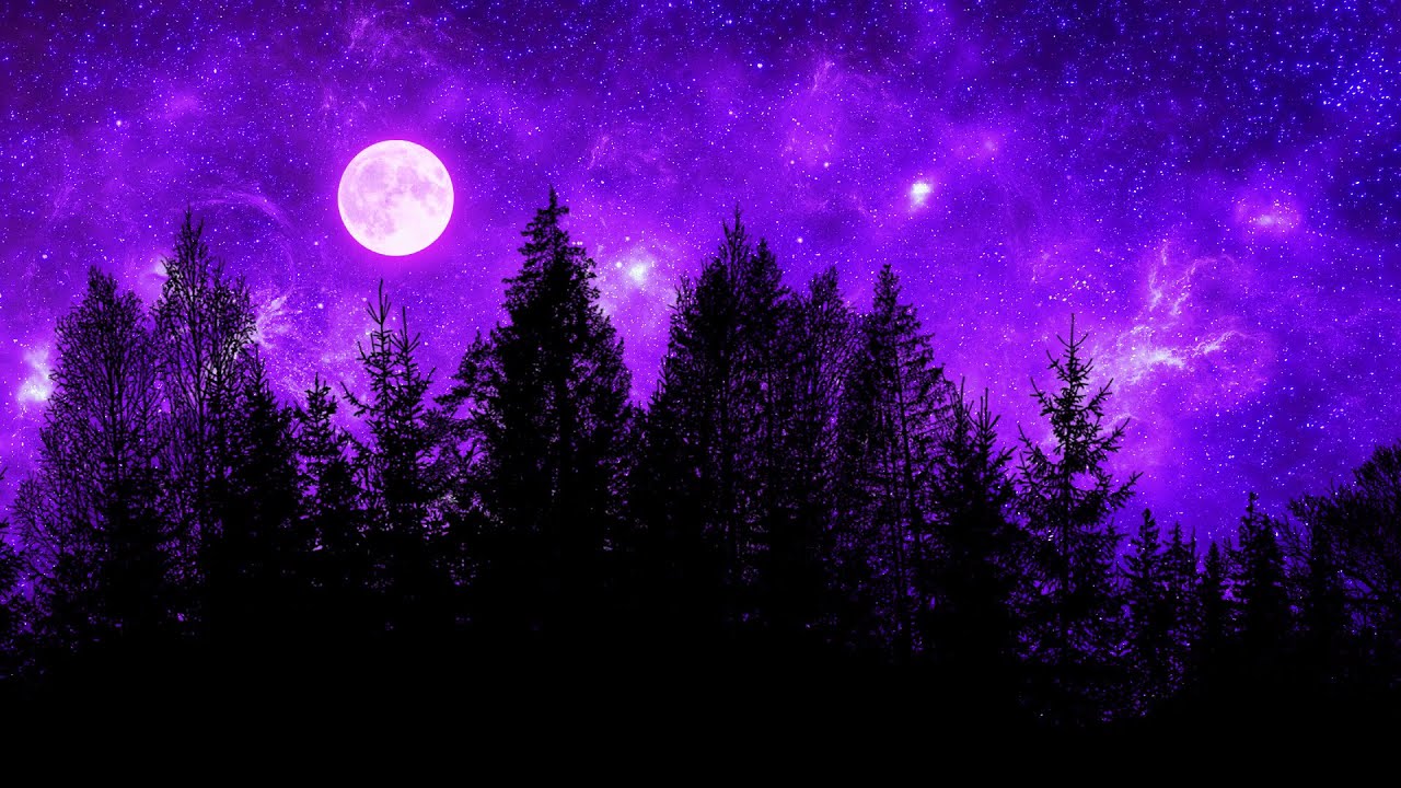 Violet Galaxy Sky Over Parallax Forest Landscape