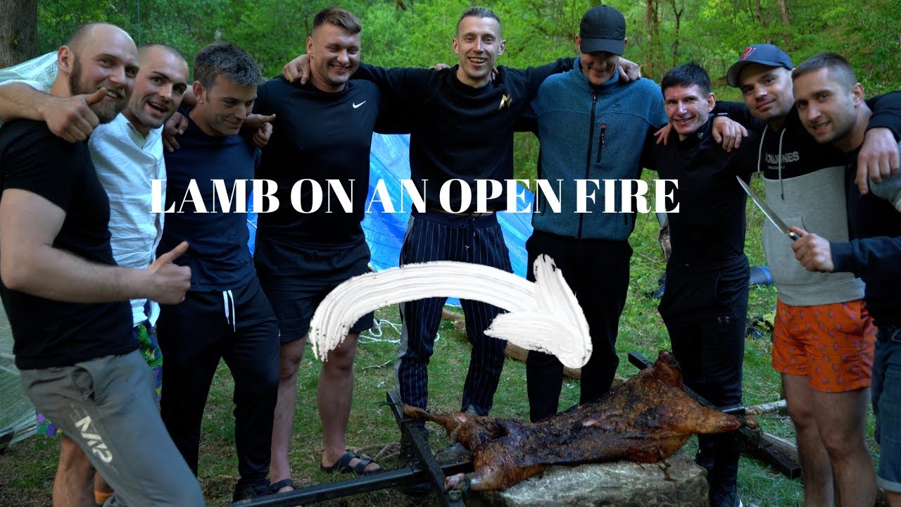 Men Camp UK - WHOLE LAMB ON AN OPEN FIRE! Outside Sauna. Waterfalls. Stone workout.