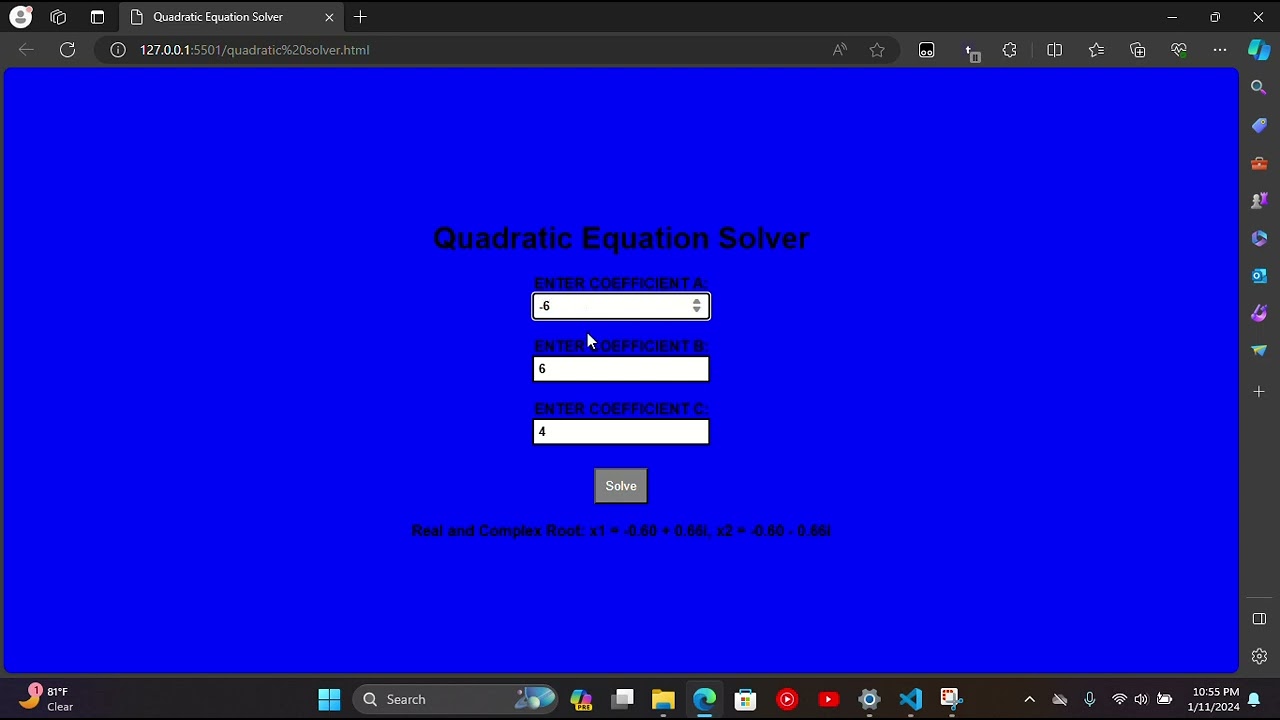 how to create quadratic equation app using html,css, javascript