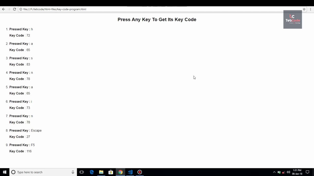 Get Inputted key Code using JavaScript | Simple Key Code Program | tebcode