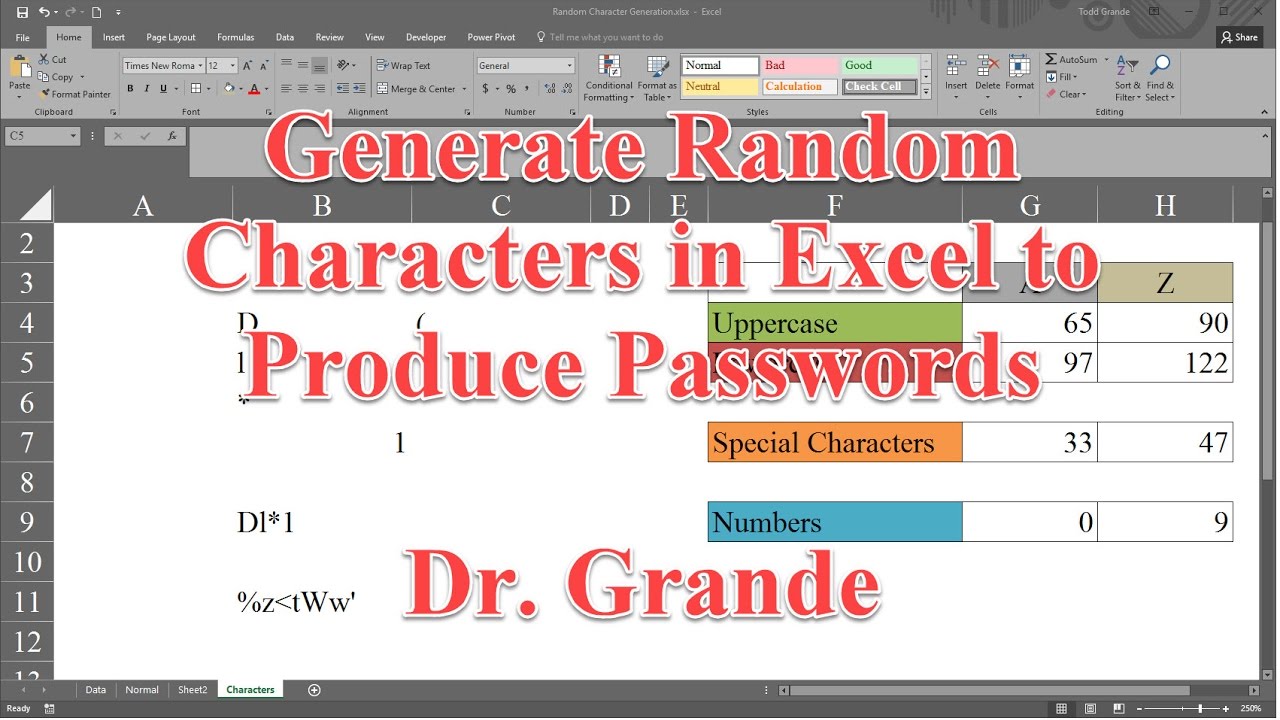 Generating Random Characters in Excel to Produce Passwords
