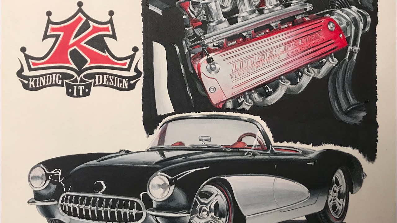 1957 Kindig Corvette “Family Affair” - Engine - Realistic Car Drawing