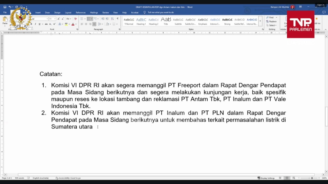 BREAKING NEWS - KOMISI VI DPR RI RDP DENGAN DIRUT PT ANTAM, PT IAA DAN PT VALE INDONESIA