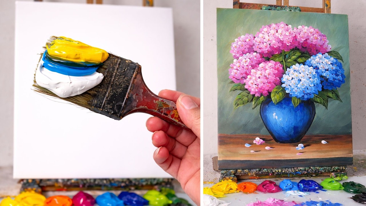 Beautiful Hydrangea Flowers in Vase Painting | Easy Acrylic Flower Painting Tutorial #218