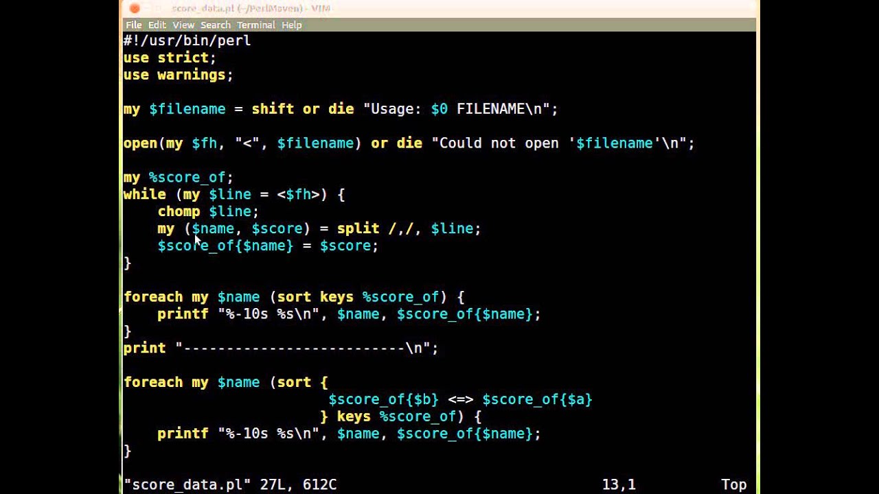 Beginner Perl Maven tutorial: 7.14 - solution sort scores