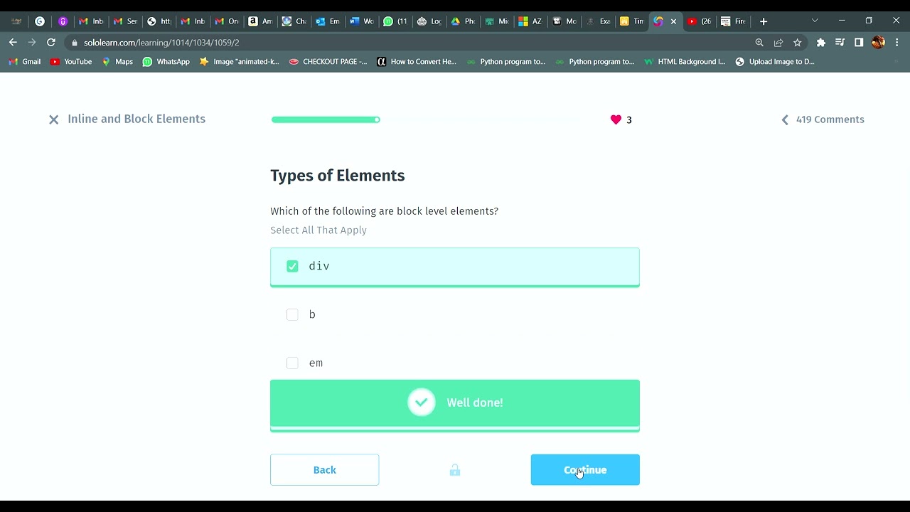 Inline and Block Elements|18.1|HTML Basics|SOLOLEARN Answer