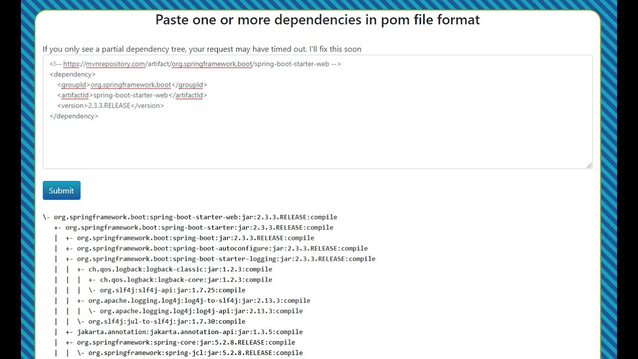 Online Maven Dependency Tree Generator Tool at 101coder.com
