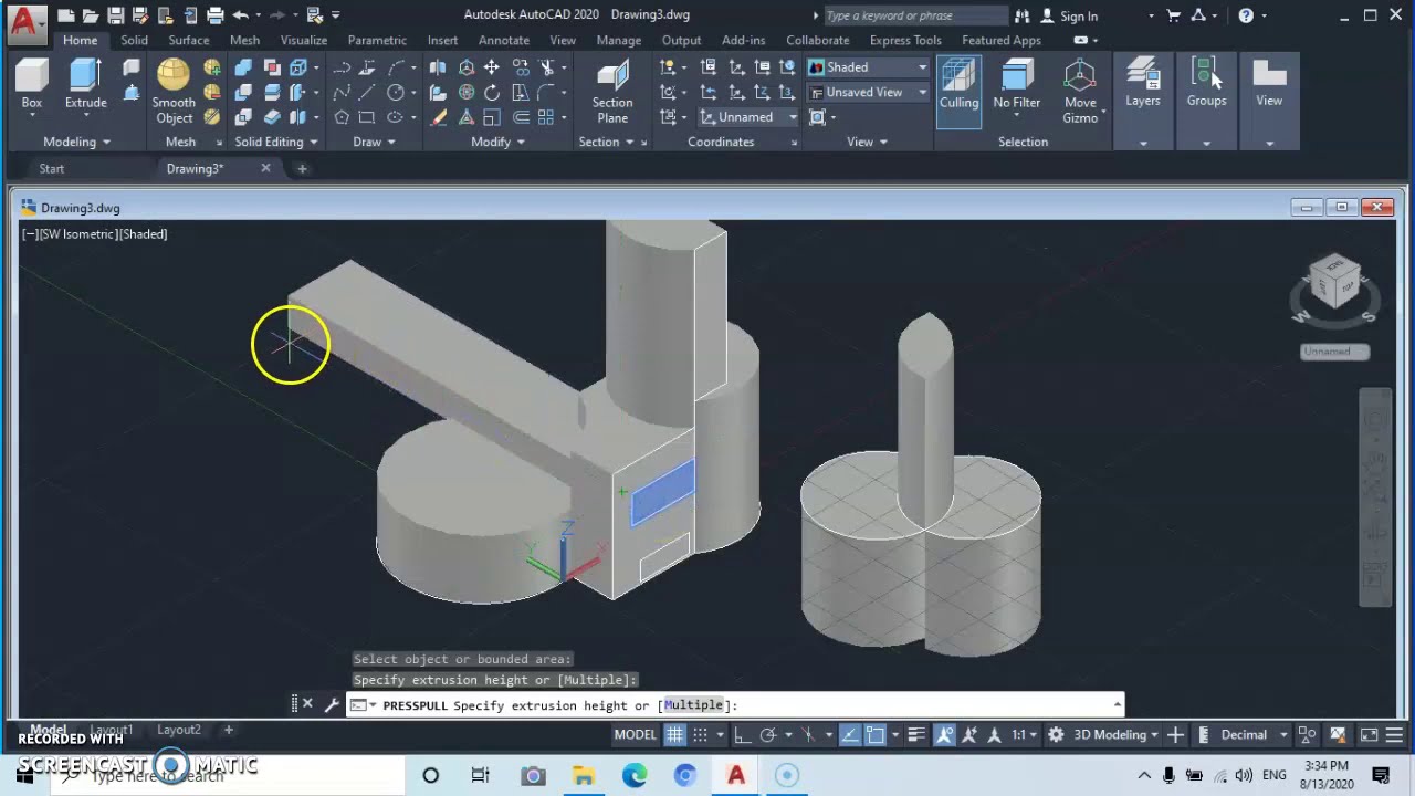 The Extrude, Presspull and the Polysolid, 3D AutoCAD 2020.