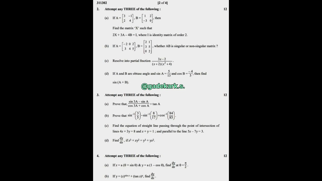 Diploma #maths (M1)(311302 )question paper 2023 2024 with Answer Poly M1 backlog Sem1 #msbte #exam
