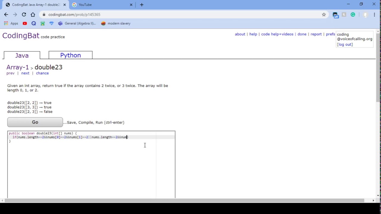 Array 1 (double23) Java Tutorial || codingbat.com