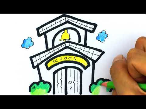 Cara gambar Kartun Gedung Sekolah - Belajar gambar Untuk anak - Belajar di Rumah