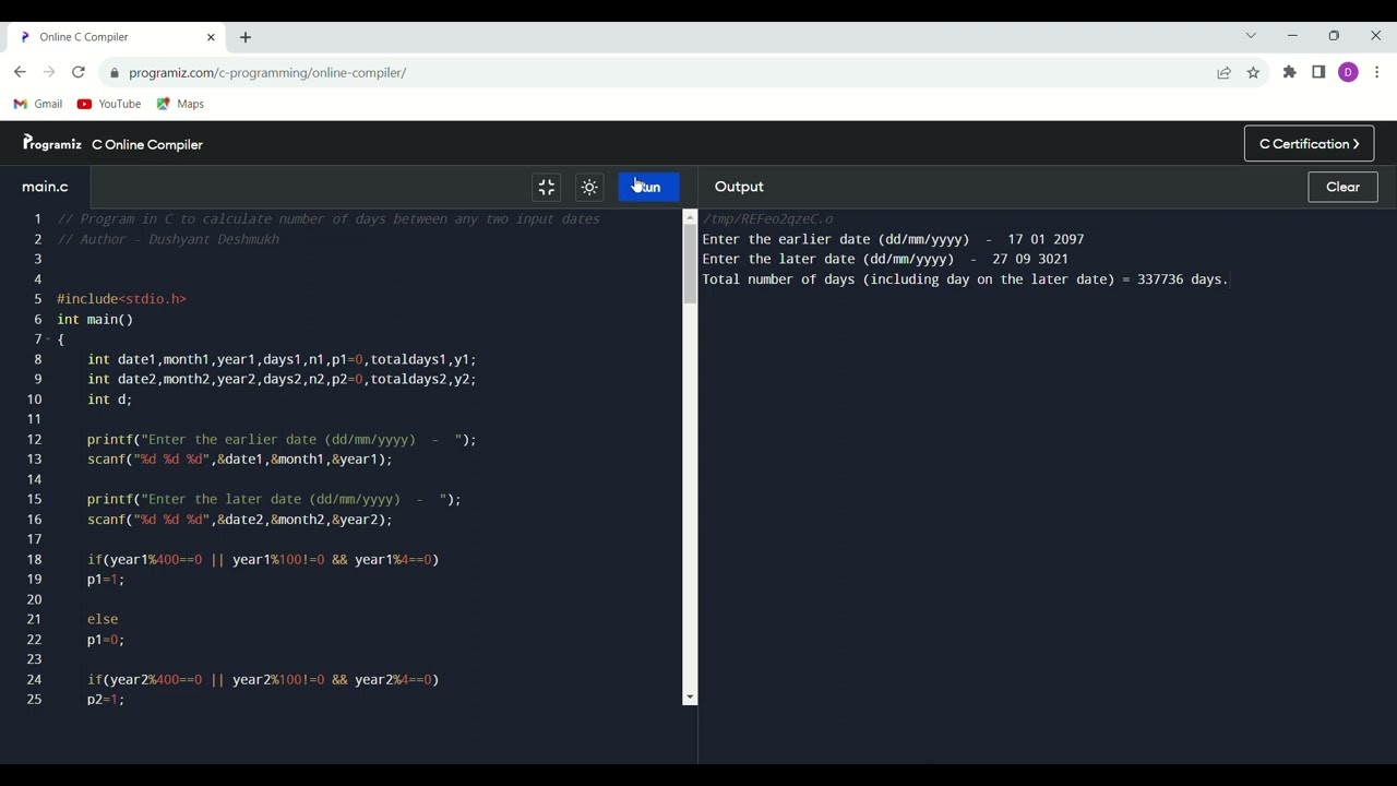 C program to calculate number of days between any two dates  || C programming || #cprogramming