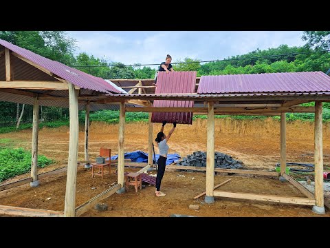 Building a Wooden House by Hand – 2 Hard Days of Stone Pillars & Metal Roofing
