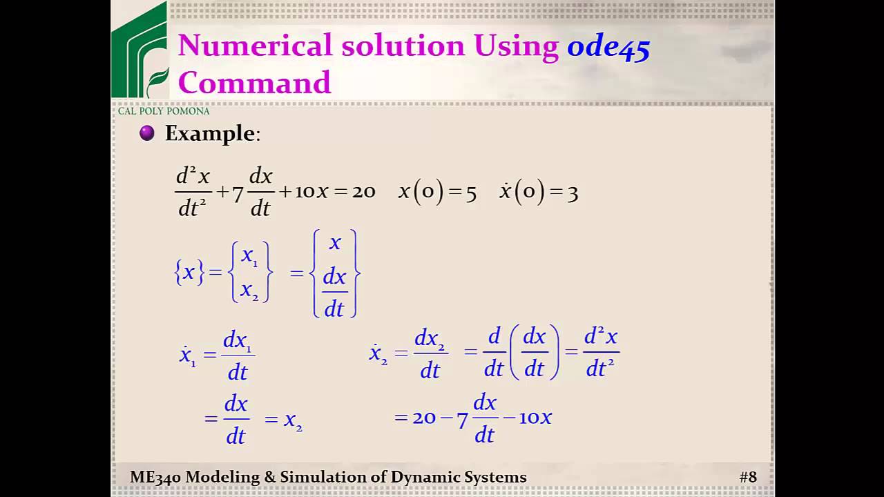 ME 340: Example, Solving ODEs using MATLAB's ode45 command