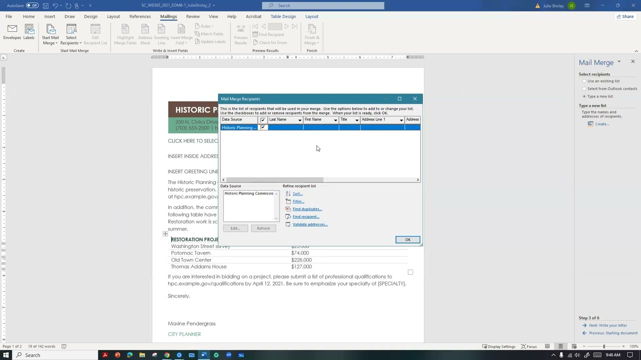 Word Module 06 Project 1 Historic Planning Commission Using Mail Merge