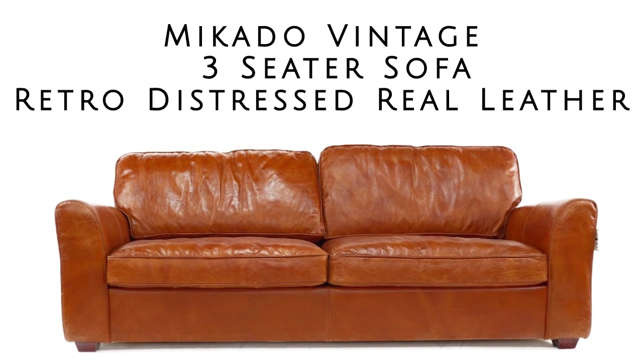 Mikado Vintage 3 Seater Sofa Retro Distressed Real Leather