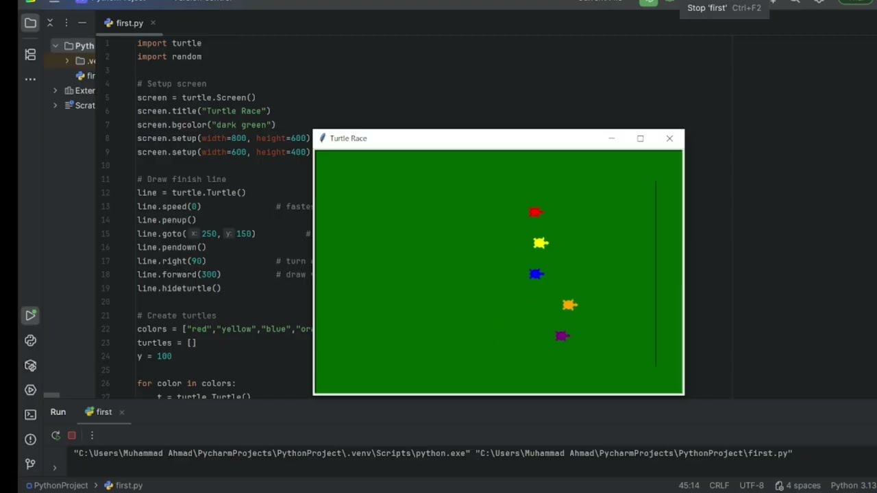 🐢 Python Turtle Race Game | Full Beginner Tutorial | #PythonTutorial #PythonForBeginners